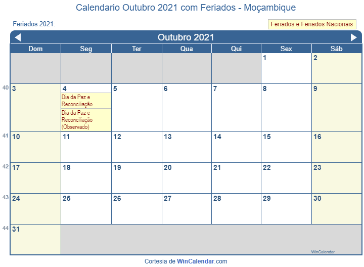 Calendário de Outubro de 2021 para impressão - Moçambique