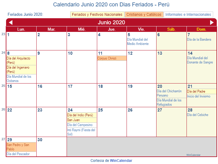 Calendario Junio 2020 para imprimir - Perú