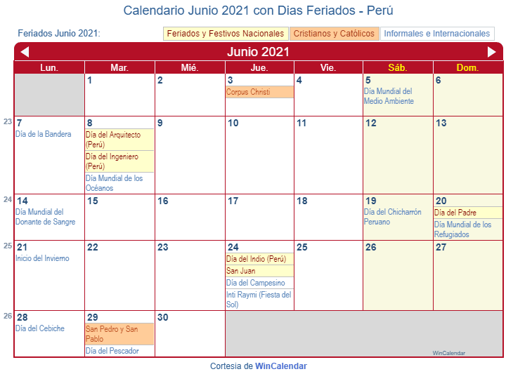 Calendario Junio 2021 para imprimir - Perú