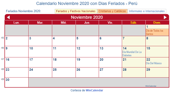 Calendario Noviembre 2020 para imprimir - Perú