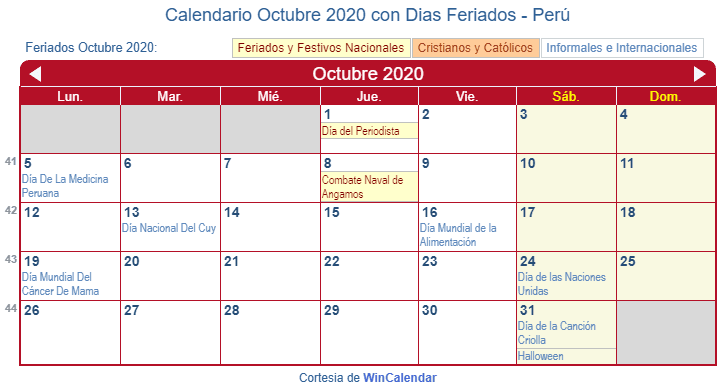 Calendario Octubre 2020 para imprimir - Perú