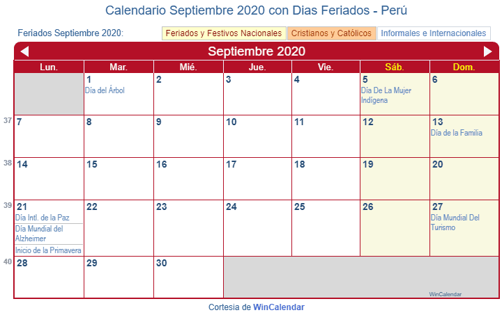 Calendario Septiembre 2020 para imprimir - Perú
