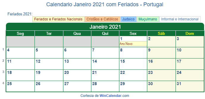 Calendário de Janeiro de 2021 para impressão - Portugal