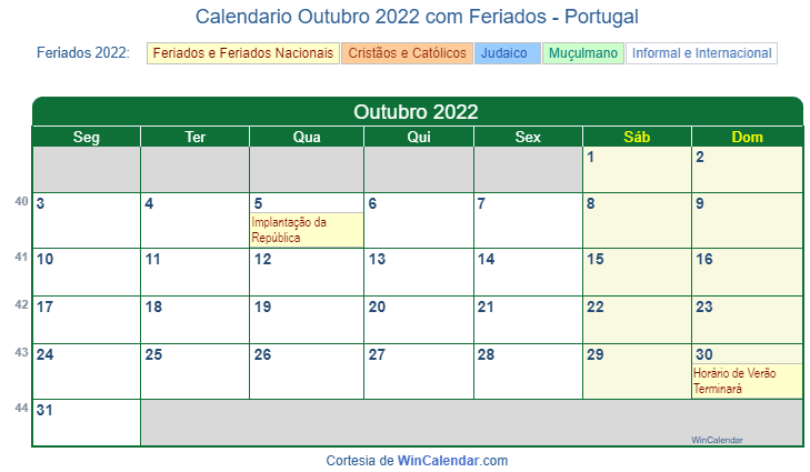 Calendário de Outubro de 2022 para impressão - Portugal