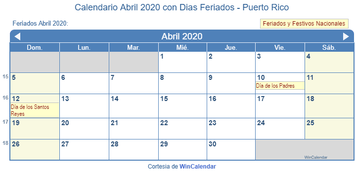 Calendario Abril 2020 para imprimir - Puerto Rico