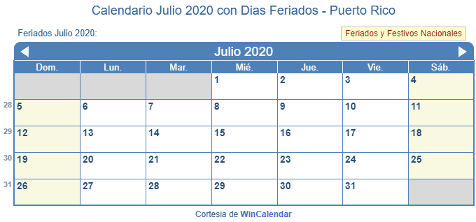 Calendario Julio 2020 para imprimir - Puerto Rico