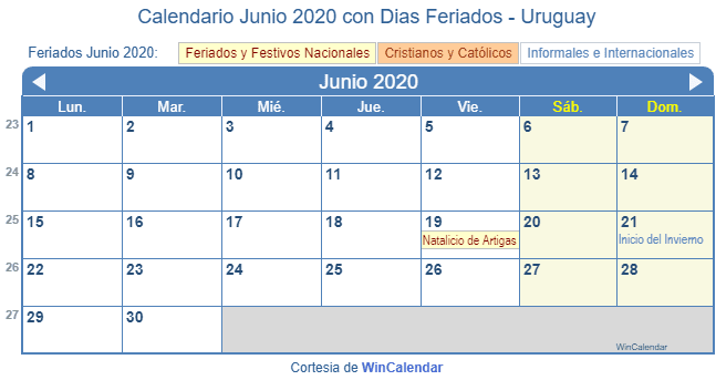 Calendario Junio 2020 para imprimir - Uruguay