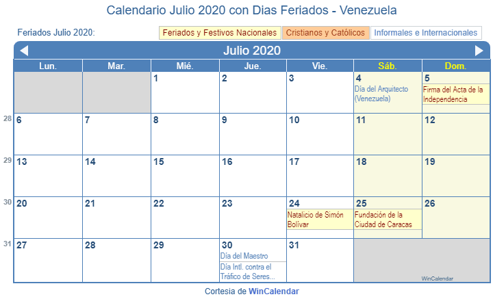 Calendario Julio 2020 para imprimir - Venezuela