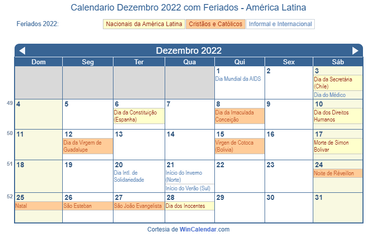 Calendário de Dezembro de 2022 para impressão - América
