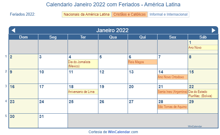 Calendário de Janeiro de 2022 para impressão - América