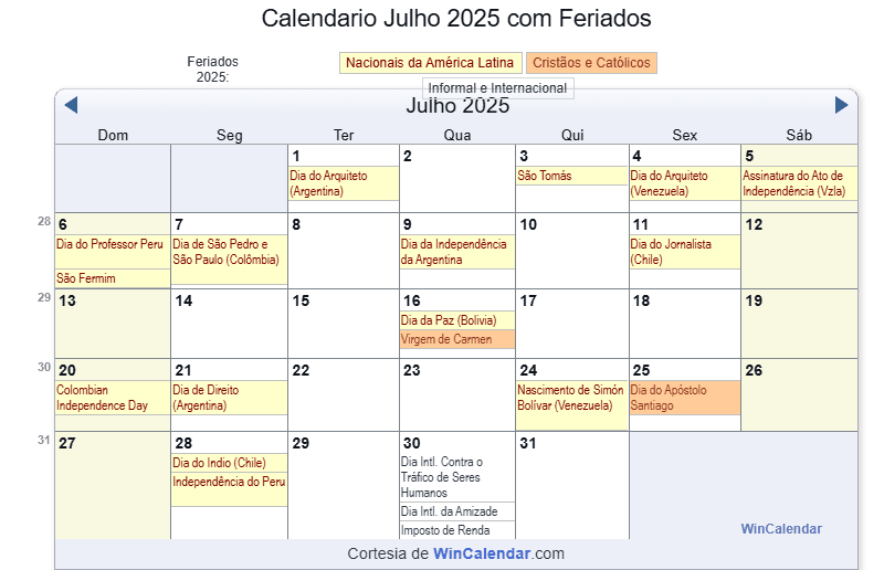 Calendário de Julho de 2025 para impressão - América