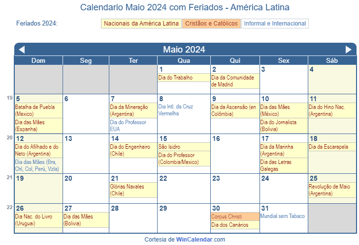 Calendário de Maio de 2024 para impressão - América