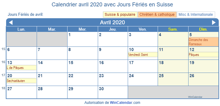Calendrier pour l'impression - avril 2020
