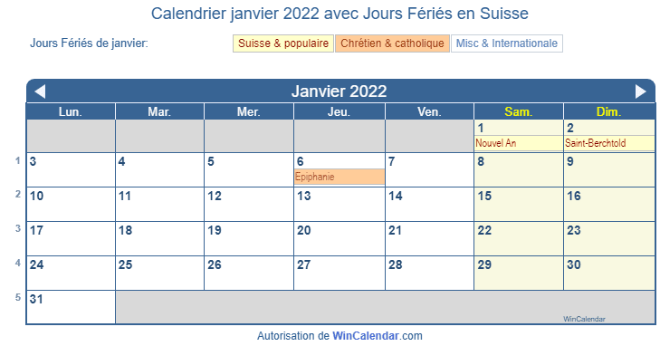 Calendrier pour l'impression - janvier 2022