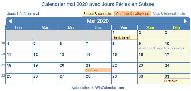 Calendrier pour l'impression - mai 2020