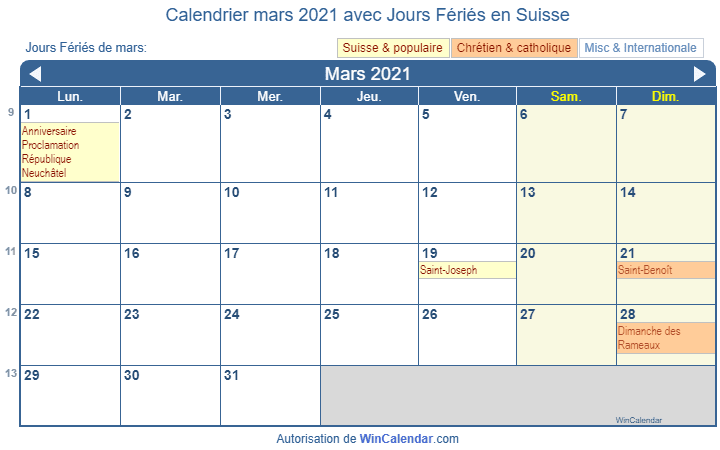 Calendrier pour l'impression - mars 2021