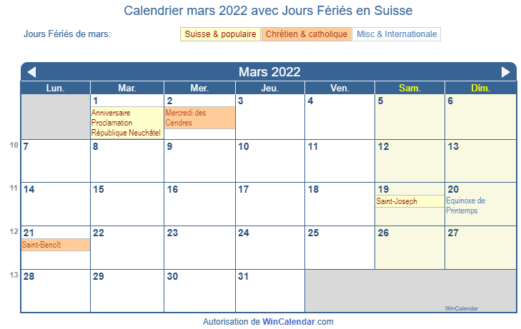 Calendrier pour l'impression - mars 2022