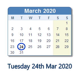 24 March 2020 Calendar with Holidays and Count Down - ZAF