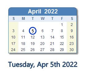 April 5, 2022 Calendar with Holidays & Count Down - USA