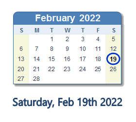 February 19, 2022 Calendar with Holidays & Count Down - USA