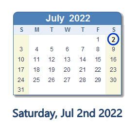 July 2, 2022 Calendar with Holidays & Count Down - USA