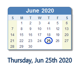 June 25, 2020 Calendar with Holidays and Count Down - CAN