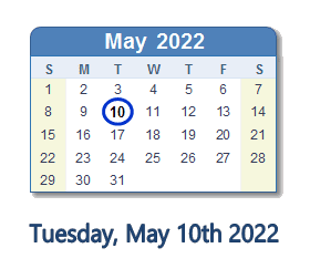 May 10, 2022 Calendar with Holidays & Count Down - USA
