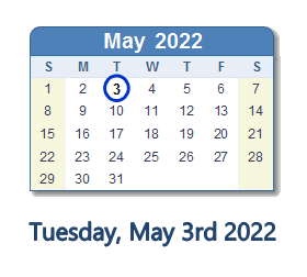 May 3, 2022 Calendar with Holidays & Count Down - USA