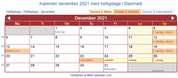 Danmark Kalender til udskrivning - december 2021