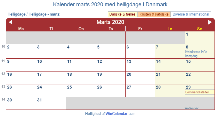 Danmark Kalender til udskrivning - marts 2020