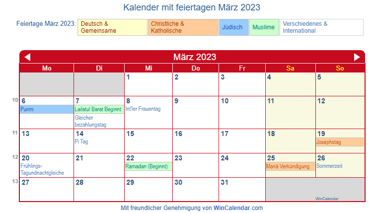 Deutschland Kalender zum Drucken - März 2023
