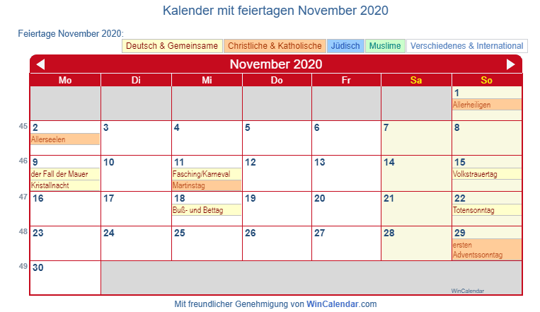 Deutschland Kalender zum Drucken - November 2020