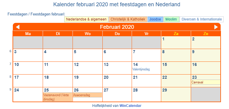 Nederland Kalender voor afdrukken - februari 2020