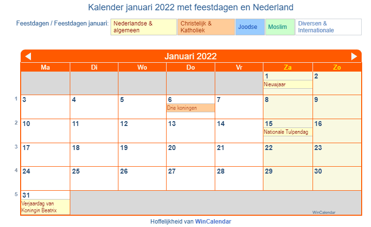Nederland Kalender voor afdrukken - januari 2022