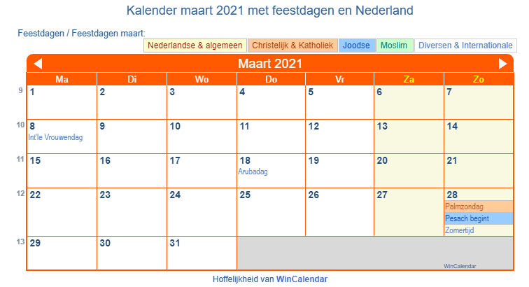 Nederland Kalender voor afdrukken - maart 2021