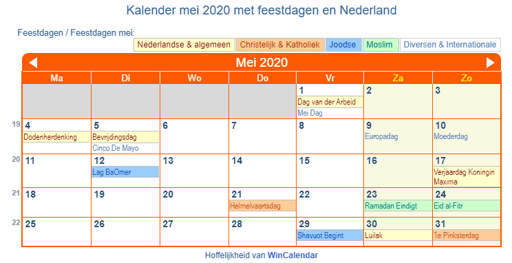 Nederland Kalender voor afdrukken - mei 2020