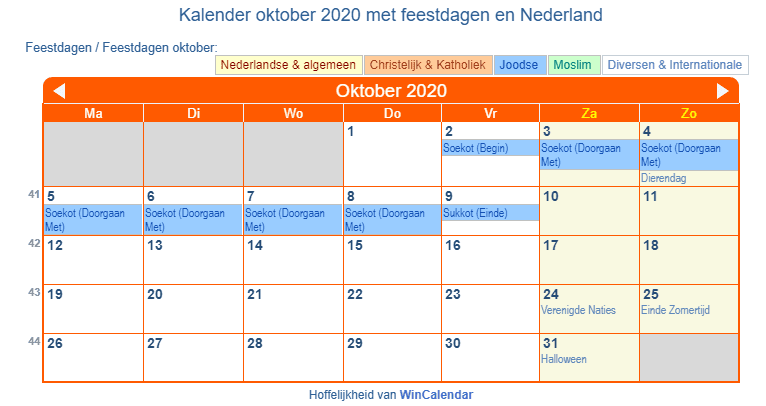 Nederland Kalender voor afdrukken - oktober 2020