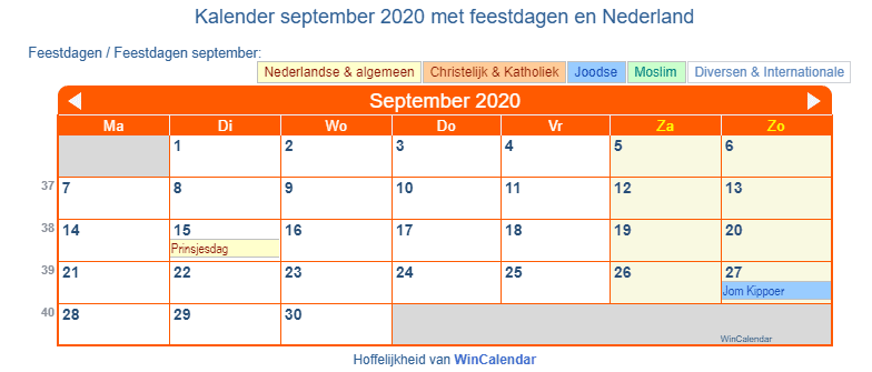 Nederland Kalender voor afdrukken - september 2020