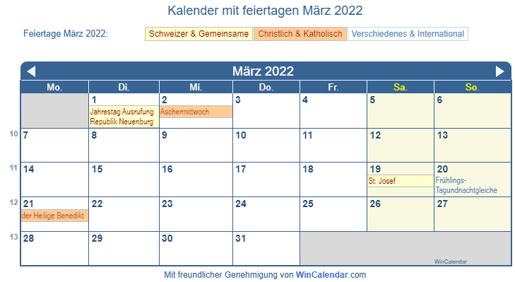 Schweiz Kalender zum Drucken - März 2022
