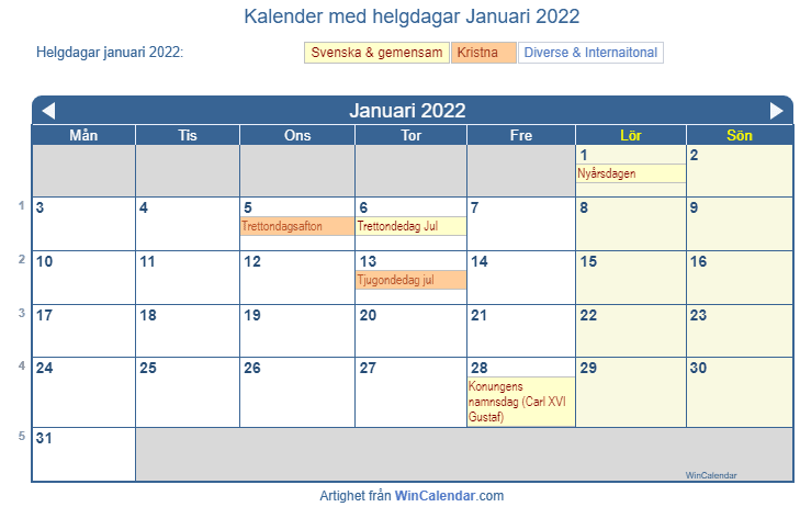 Kalender för utskrift - januari 2022