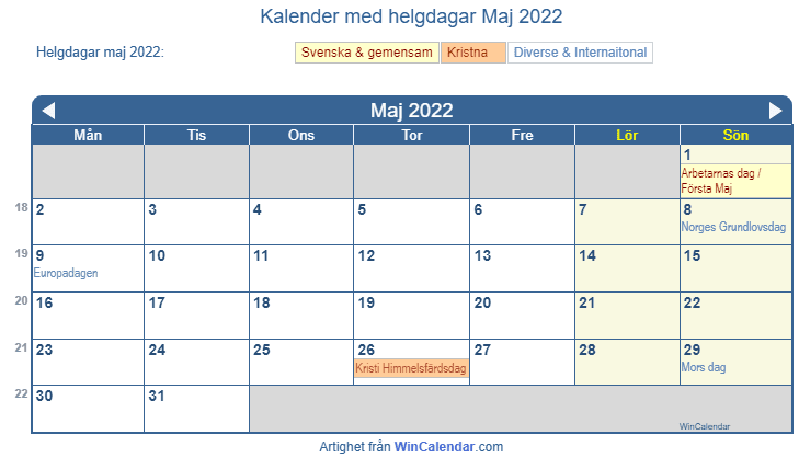 Kalender för utskrift - maj 2022
