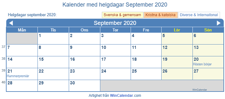 Kalender för utskrift - september 2020