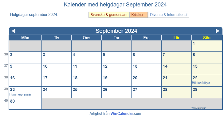 Kalender för utskrift - september 2024