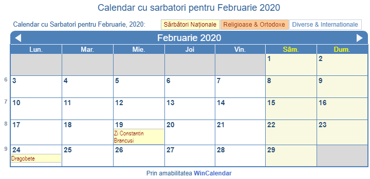 România Calendar pentru imprimare - Februarie 2020