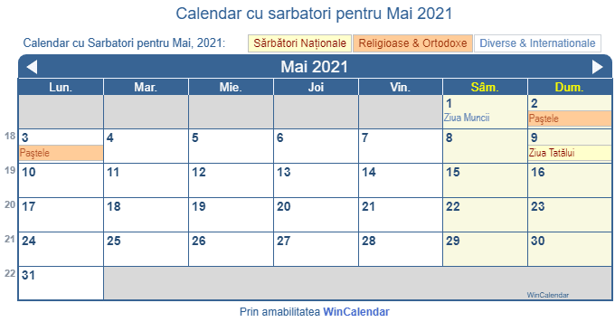 România Calendar pentru imprimare - Mai 2021
