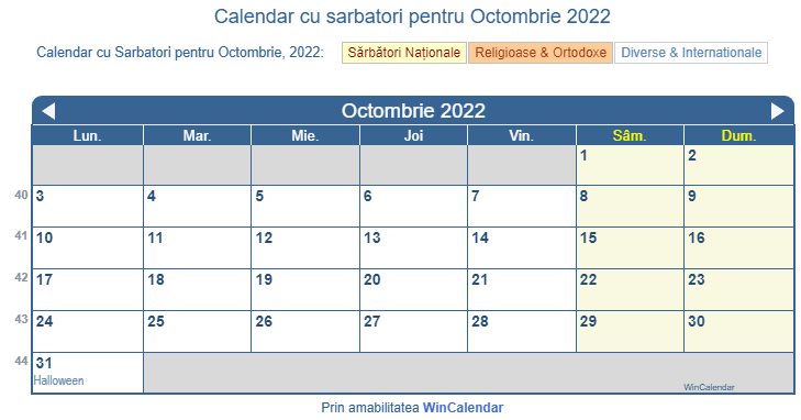 România Calendar pentru imprimare - Octombrie 2022